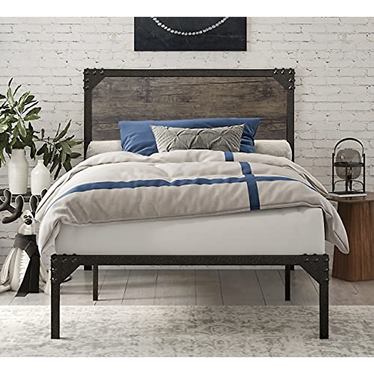 SHA CERLIN Twin Size Metal Platform Bed Frame with Wood Headboard, Mattress Foundation with Heavy Duty Metal Slats Support, No Box Spring Needed, Easy Assembly