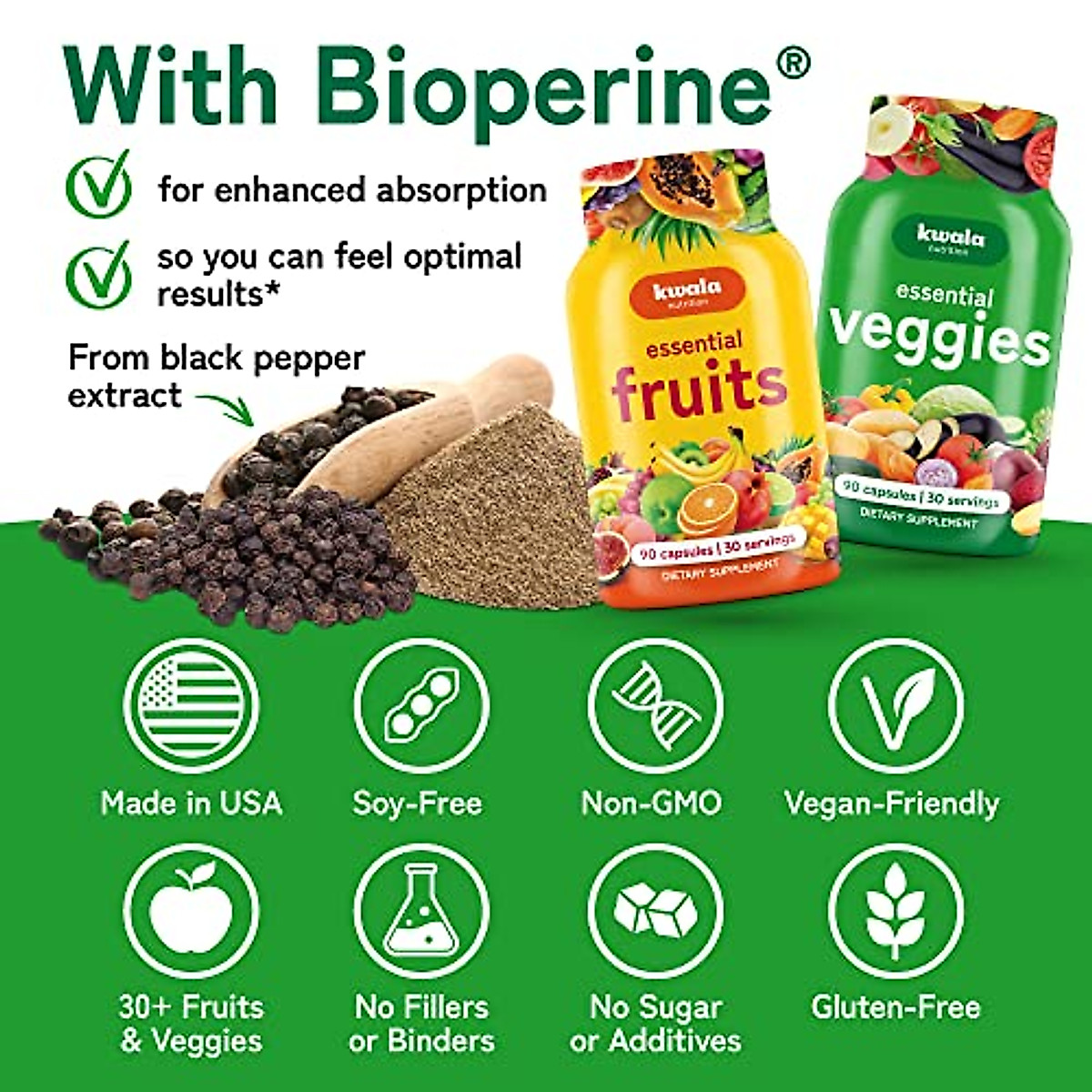 Kwala Nutrition Fruit and Vegetable Supplements to Boost Energy Balance - Premium Whole Food Fruits and Veggies from Nature - 90 Fruit, 90 Veggie Capsules - Vitamins, Soy Free, Made in USA - Pack of 2