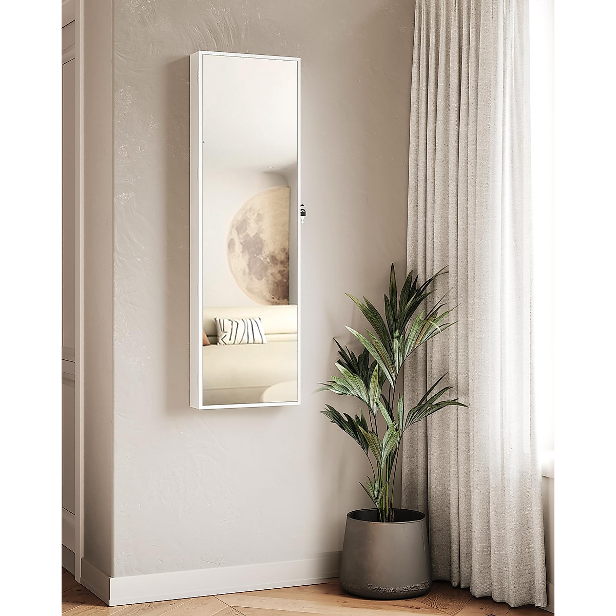 Hzuaneri 8 LEDs Mirror Jewelry Cabinet, 47.2-inch Jewelry Armoire Organizer, Wall/Door Mount Lockable Storage Cabinet with 6 Earrings Shelves, 2 Makeup Pockets, White and Black JC12003B