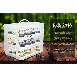 DuraCasa Cupcake Carrier, Cupcake Holder - Premium Upgraded Model - Store up to 36 Cupcakes or 3 Large Cakes - Stacking Cupcake Storage Container - Cookie, Muffin or Cake Carrier (White, Three Tier)