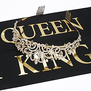 Prom King and Queen Crown Set, Prom King and Queen Sashes Gold Queen Crown, Prom Decorations School Prom, Graduation Party School Party Accessories, Black Satin Sash with Gold Print