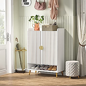 LITTLE TREE Shoe Cabinet, 24 Pair Shoe Cabinets with Doors & Adjustable Shelves, 7-Tier Modern Shoe Racks Storage Organizer for Entryway, Living Room, Bedroom, White + Gold