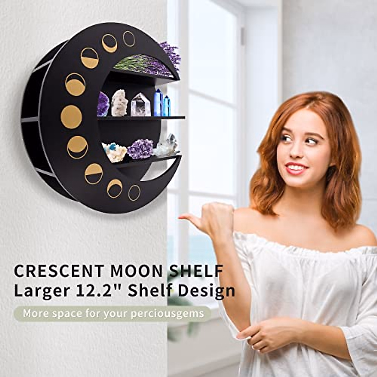 Myuilor Crescent Moon Shelf, Wooden Moon Shelf for Crystals, Stones & Essential Oils, Crystal Shelf Display Pine Floating Circle Shelf, Crystal Moon Shelves(Black)