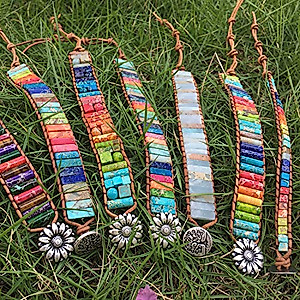 Fashion Gemstone Bracelets Handmade Bracelets Jewelry Multicolor Yoga Bracelets Friendship Boho Bracelets Leather Bracelets Rectangle Stone Healing Bracelets Sunflower Button Wrap Bracelet Girls