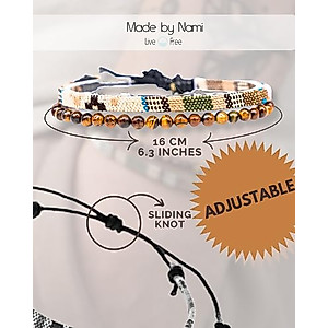 2x Boho Surfer Bracelet Set Women & Men - Handmade Summer Beach Bracelets - Adjustable & 100% Waterproof - Festival Accessories - Beaded & Braided (Tiger-Eyes & Safari)