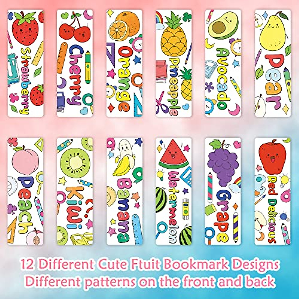 Anseal 60 PCS Color Your Own Bookmarks Bulk, 12 Styles DIY Bookmarks for Kids/Teens, Cute Fruit Bookmarks for Reading Lover, Fun & Personalized Bookmark for Students, Classroom Rewards Supplies