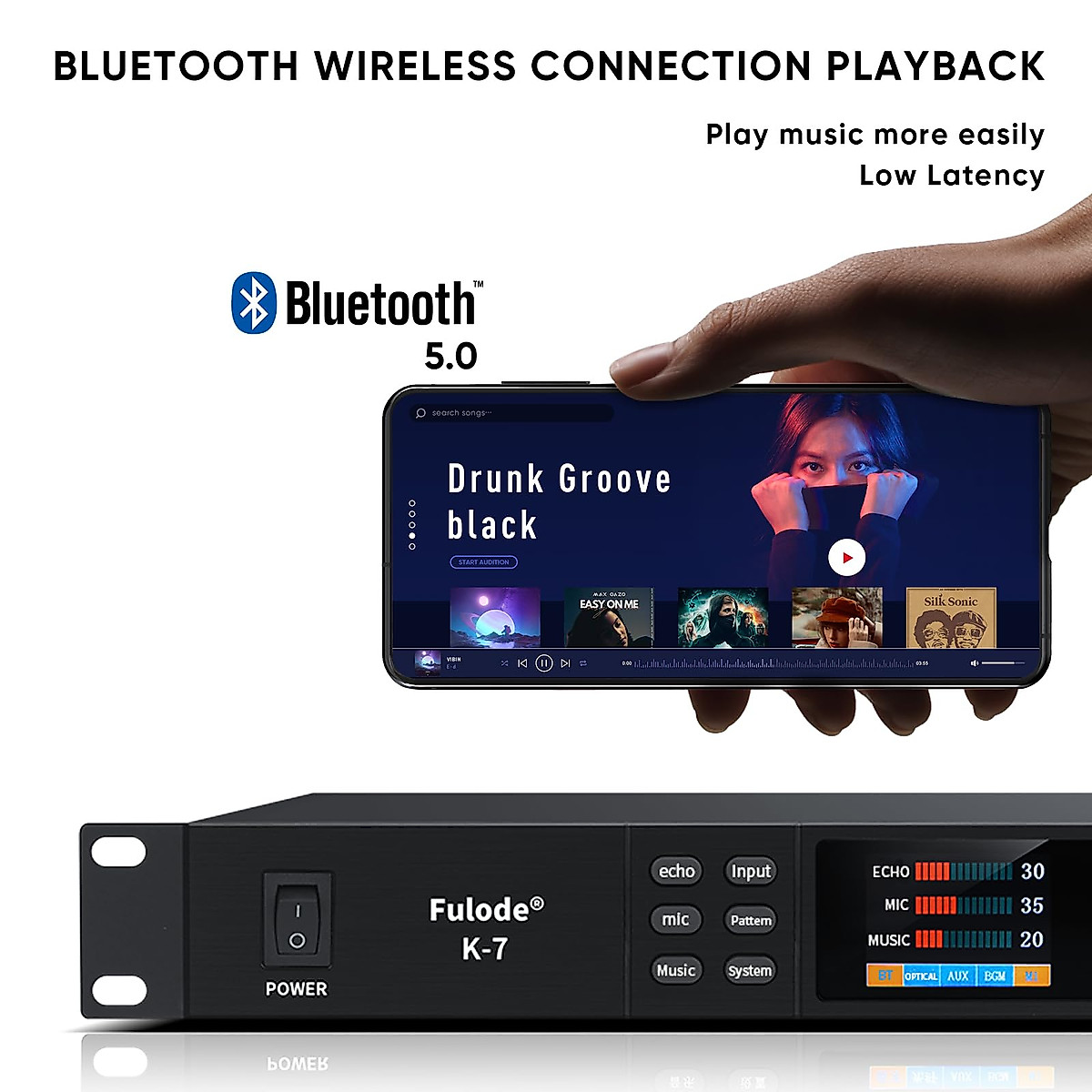 FULODE K-7 Professional KTV Pre-Effector Household ReverberatorKaraoke Anti-Howlino Audio Processr Al ioital Eulrzation Function Mixer Bluetooth optical,USB PC Connection Control,remote contro