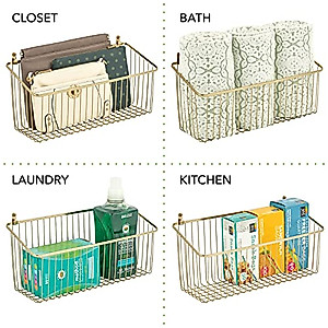 mDesign Portable Metal Farmhouse Wall Decor Angled Storage Organizer Basket Bin for Hanging in Kitchen/Pantry - Store Plastic Bags, Foils, Oils, Sandwich Bags - 2 Pack - Soft Brass