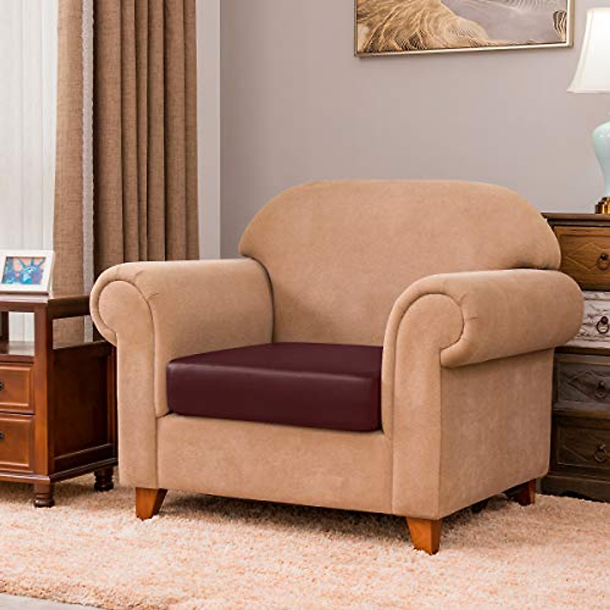 DyFun Couch Cushion Cover PU Leather Sofa Cushion Slipcover Stretch Waterproof Chair Seat Slipcover Furniture Protector (Chair Cushion, Wine)