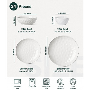 HOMBENE Plates and Bowls Sets, 24 Piece Dinnerware Sets, Porcelain Dinner Set with Plates, Dishes, Bowls, Modern Dish Set for 6
