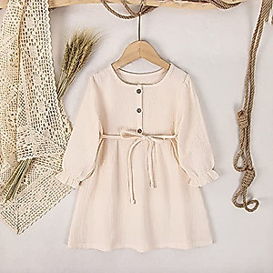 IZYJOY Toddler Baby Girl Cotton Linen Dress Long Sleeve Crew Neck Dresses Button Down Adjustable Belt Casual Fall White Dress (Beige, 4-5T)