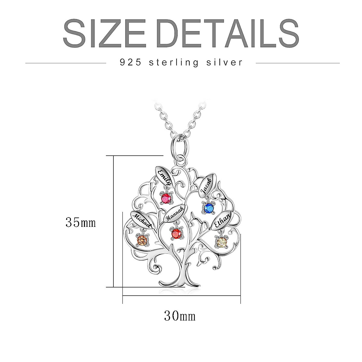 PEIMKO Personalized Custom Name Family Branch Tree Necklace for Women 925 Sterling Silver Necklace Made with Simulated Birthstone CZ Mother¡¯s Day Jewelry Gift - White