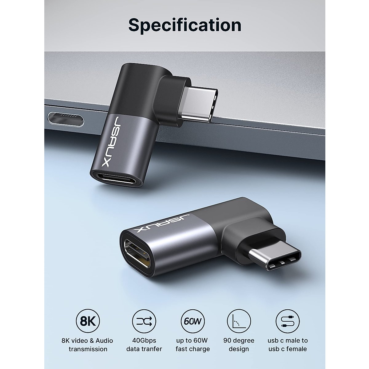 JSAUX 90 Degree USB-C Male to USB-C Female Adapter 2-Pack, 40Gbps Data Transfer PD 100W USB Type-C 3.1 Extender for Macbook, ROG Ally, Switch, Steam Deck, VR,iPhone 16 iPhone 15 and More USB-C Devices