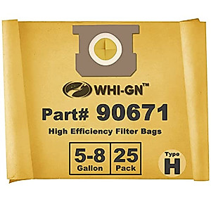 WHI-GN 90671 Shop Vac Filter Bags Type H, part # 9067100 9067133, compatible with Shop Vac 5-8 Gallon Wet/Dry Vacuums (25 Pack)