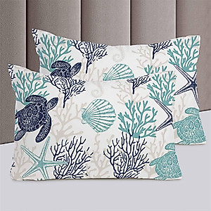 Lsrtoss Teal Blue Coastal Queen Duvet Cover Set for All Season, Sea Turtle Nautical Coral Summer Beach Microfiber 3 Piece Bedding Set with 2 Pillowcases & 1 Quilt Cover, 90" W x 92" L, Queen Size