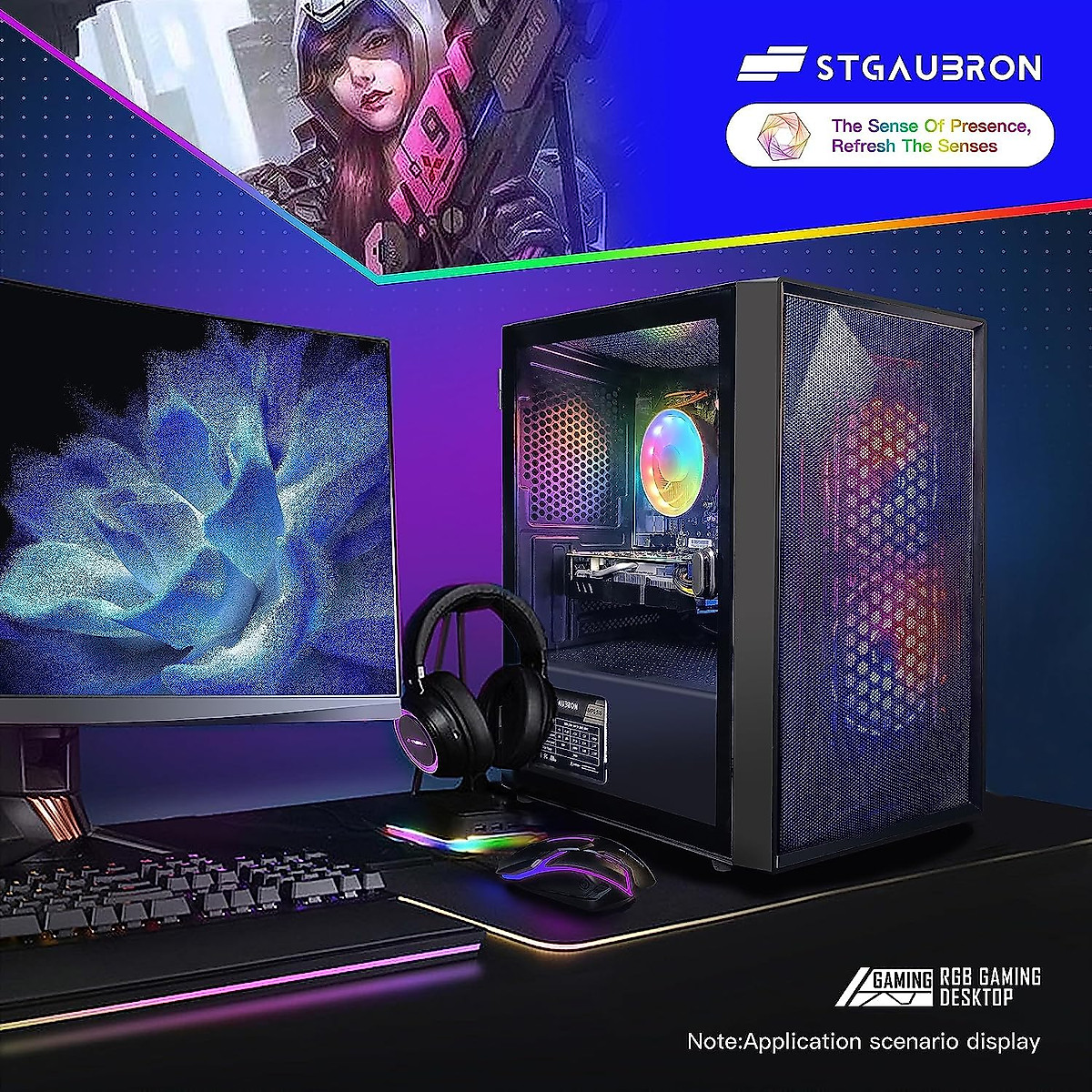 STGAubron Gaming PC, GeForce GTX 1660 Super 6G, Intel Core i3-10100F up to 4.3G, 16G DDR4, 1T SSD, WiFi, BT 5.0, RGB Fan x 3, RGB Mouse Pad, RGB BT Sound Bar, RGB BT Gaming Mic, Windows 11 Home