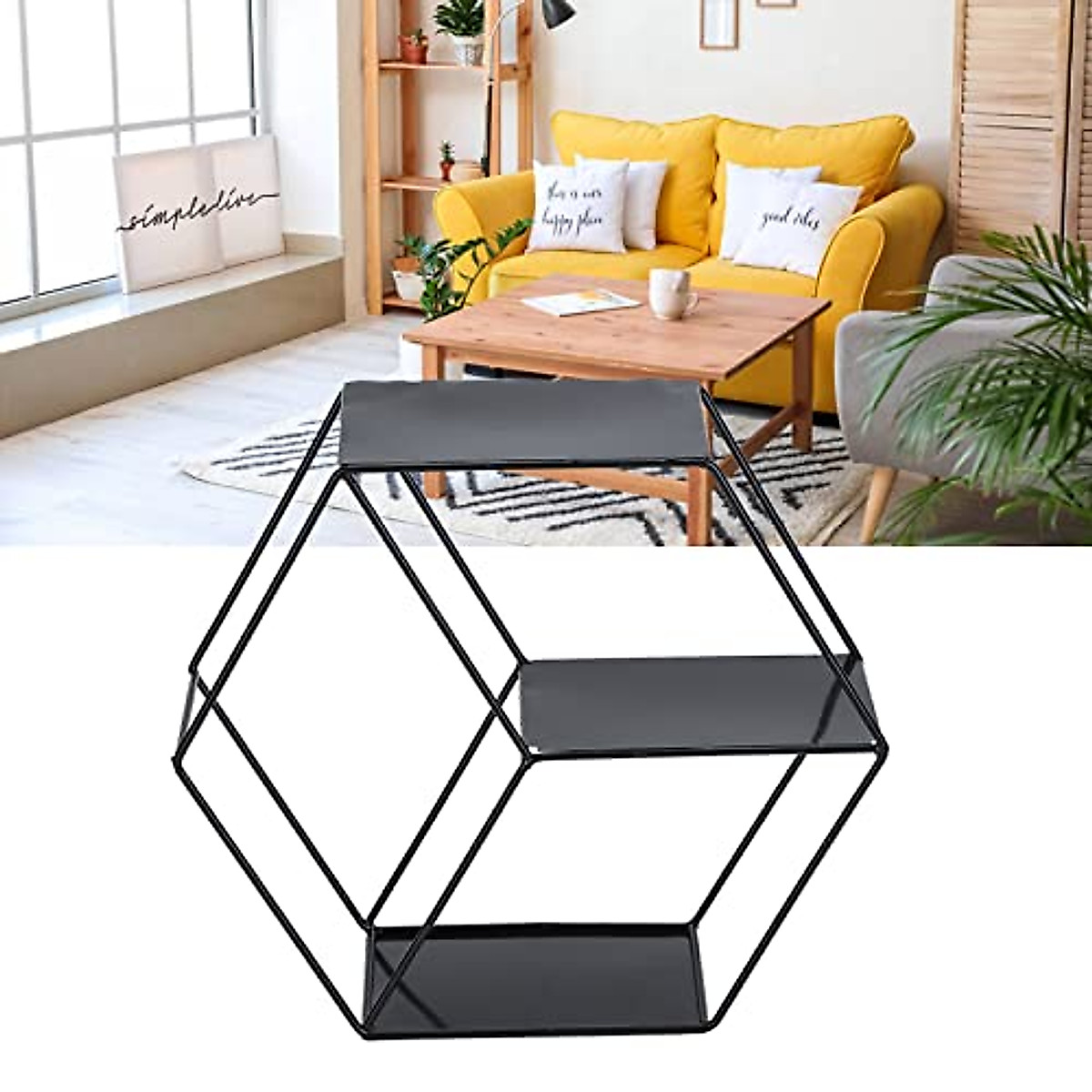 EPMANN Wrought Iron Wall Shelf, Wall Mounted Floating Shelf Hexagonal Shelf Retro Flower Stand Display Stand for Bedroom Living Room Office(Black)