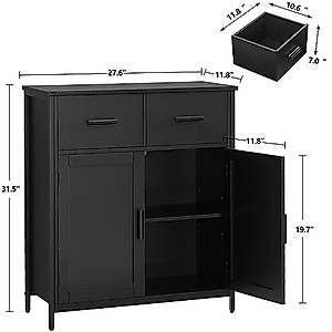 usikey Storage Cabinet, Industrial Floor Cabinet with 2 Drawers & Doors, Freestanding Storage Cabinet with 1 Shlef & Metal Frame, Sideboard, Accent Cupboard for Living Room, Bedroom, Kitchen, Black