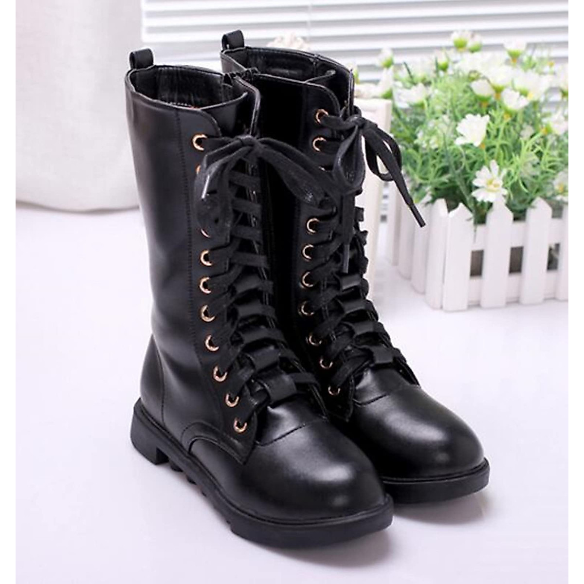 DADAWEN Kid's Girls Leather Lace-Up Zipper Mid Calf Combat Riding Winter Boots (Toddler/Little Kid/Big Kid) Black US Size 4.5 M Big Kid