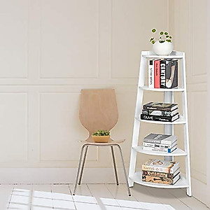 5 Tier Rustic Corner Shelf Stand, Industrial Small Bookcase Corner Ladder Shelf Plant Stand for Living Room, Kitchen, Home Office (White)