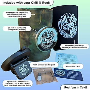 Chill-N-Reel Fishing Can Cooler (from Shark Tank) | Hard Shell Drink Holder with Hand Line Reel Attached | Fits Any Standard Insulator Sleeve or Coozie | Unique Fun Fishing Gift (Camo & Spill Guard)