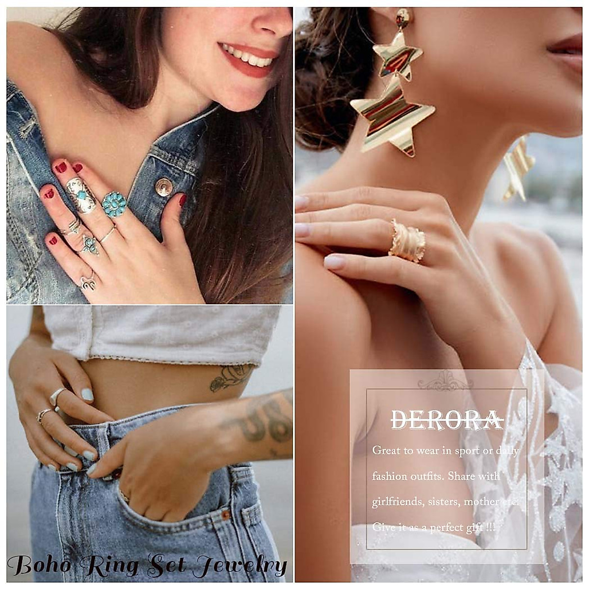 Salliy Boho Rings Set Gold Rings Crystal Joint Knuckle Finger Rings Stackable Rings Jewelry for Women (F)