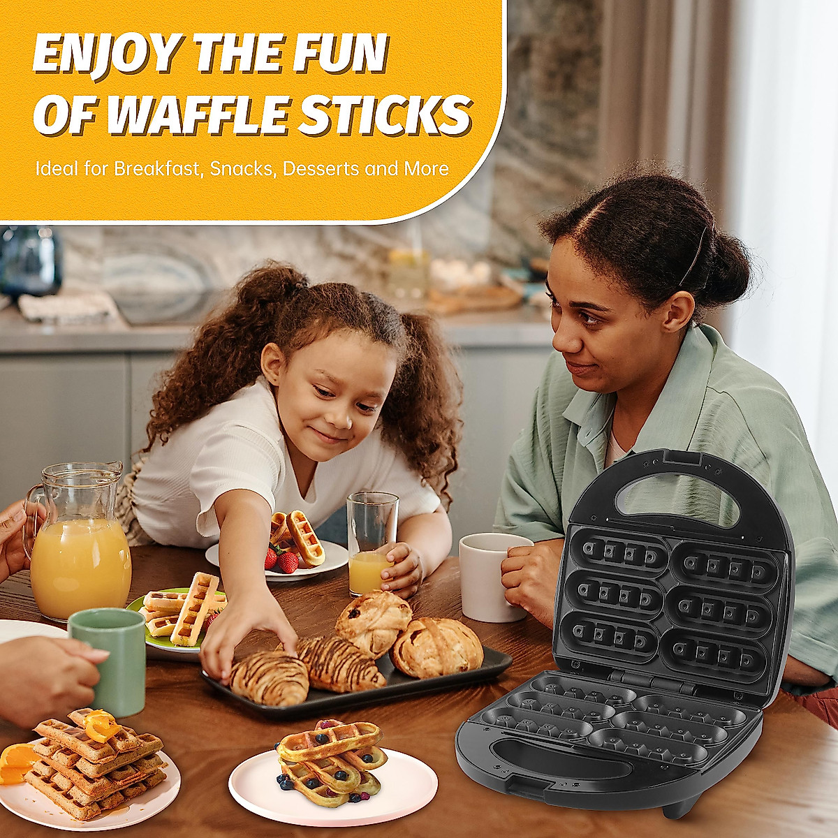 FineMade Waffle Stick Maker, Mini Waffle Maker Iron, Makes 6 Waffle Sticks, Ideal for Breakfast, Snacks, Desserts and More