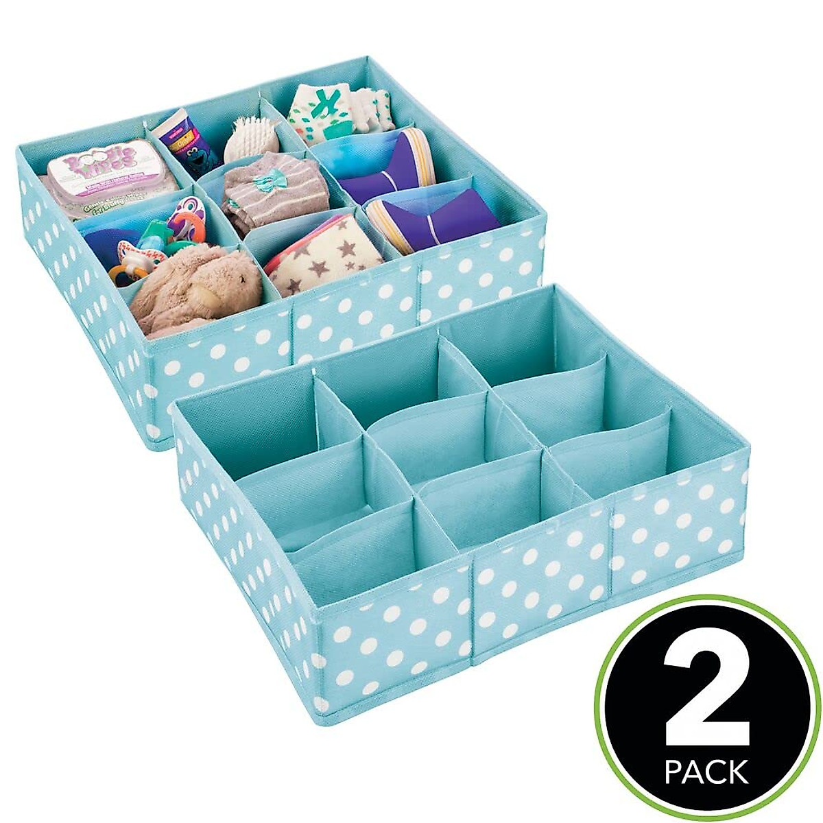 mDesign Soft Fabric 9 Section Dresser Drawer and Closet Storage Organizer for Child/Kids Room, Nursery, Playroom - Divided Large Organizer Bin - Herringbone Print - Turquoise/White - 2 Pack