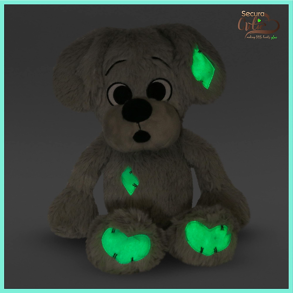 Secura Cutie Soft Stuffed Animal Puppy with Superpowers – Glow in Dark Patches for Bedtime Comfort (no batteries needed) – Stuffed Animal for Boys & Girls - Cute Plush Dog Teddy Bear Toy – 14"