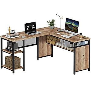 FATORRI L Shaped Computer Desk, Industrial Office Desk with Shelves, Rustic Wood and Metal Corner Desk for Home Office (Rustic Oak, 59 Inch)
