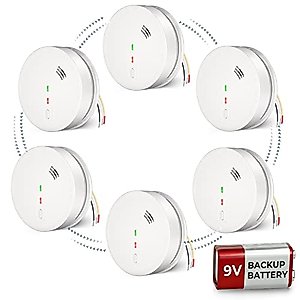 SITERWELL Smoke Detector, Hardwired Photoelectric Smoke Alarm with DC 9V Backup Battery & Interconnected, Fire Alarm with Silence Button, GS517, 6 Packs