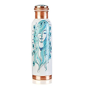 PRURA Pure Printed Copper Water Bottle - Leak Proof Ayurvedic Drinkware Copper Vessel for Sports, Gym, Outdoors, Yoga, Health Benefits (30 oz)