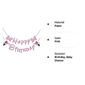 GOGOPARTY Pink Mouse Happy Birthday Banner, Mouse Decoration Pink Themed Birthday Banner For Girl Kids Birthday Party Baby Shower Decorations