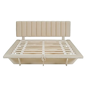 Acosure Queen Size Hydrualic Upholstered Floating Bedframe with LED Light & USB Port,Velvet Upholstered Platform Bed W/Storage,Space Saving,Beautiful Furniture for Bedroom Guest Room Apartment,Beige