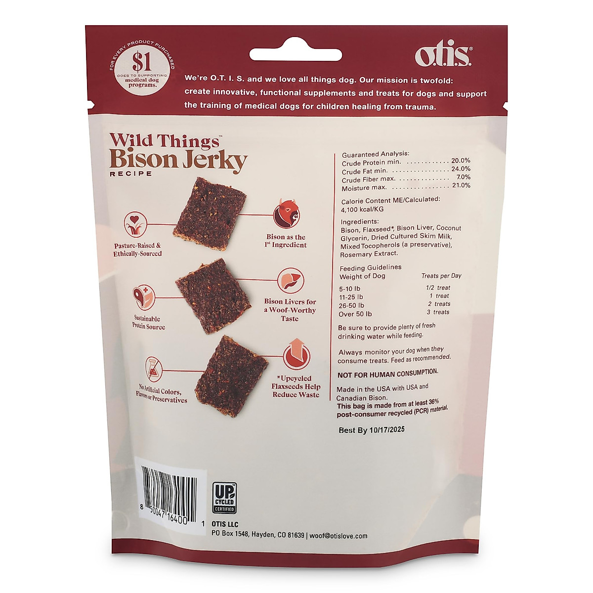 OTIS Bison Jerky for Dogs | Protein Packed, Pasture-Raised, Grass-Fed Bison Jerky Dog Treats Healthy Dog Treats - Wild Things | 4 Ounce Bag