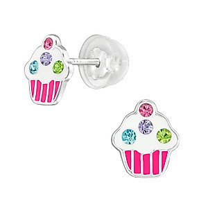 AUBE JEWELRY Hypoallergenic 925 Sterling Silver Cupcake Stud Earrings Adorned with Crystal with Silicone Coated Push Backs for Girls and Women
