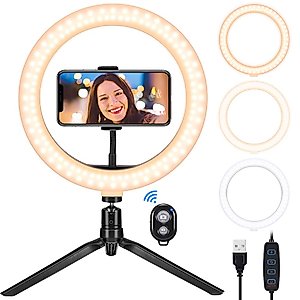 OCROUKI Ring Light with Stand and Phone Holder - Selfie Ring Light with Tripod Stand,3 Lighting Modes and 10 Brightness Levels,for Tiktok,YouTube, Makeup,for Phone and Computer (10.2Inch)