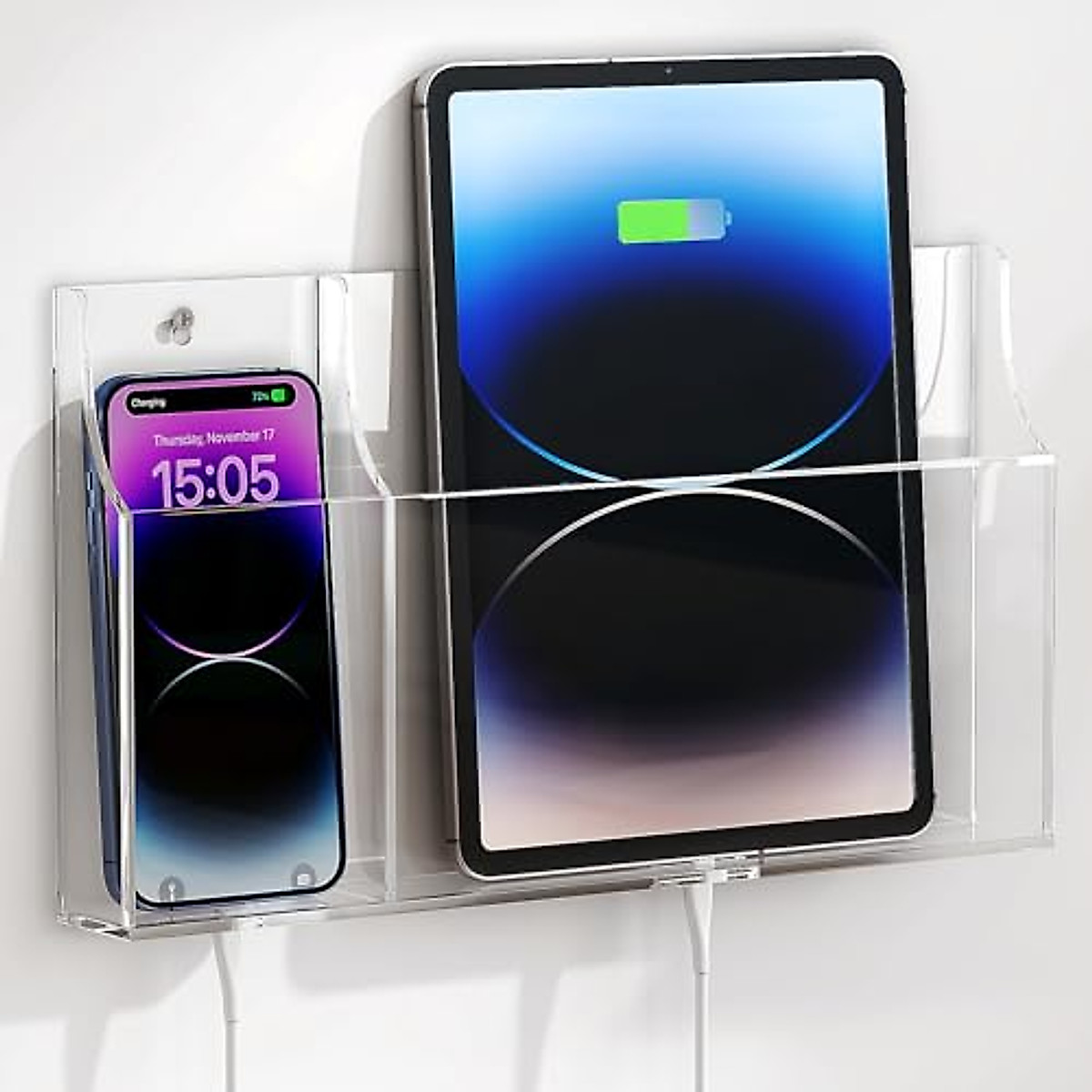 Yoillione Wall Mount Tablet and Phone Charging Stand for Tablet, Smartphone, E-Book, 2 Slots Remote Control Holder for TV, Air Conditioning, Clear Acrylic Remote Storage Media Organizer Box