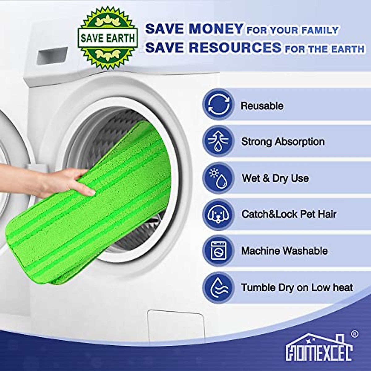 HOMEXCEL Microfiber Mop Pads 4 Pack,Reusable Washable Cloth Mop Head Replacements Thick Spray Wet Dust Dry Flat Cleaning Refill for Bona,Libman,Bruce,Rubbermaid,Turbo,Norwex 18-inch Mop