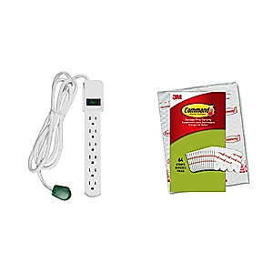 Go Green Power GG-16106MS Surge Protector, 6 FT, White, 6 FT & Command Poster Strips, Damage Free Hanging Poster Hangers, 64 White Command Adhesive Strips