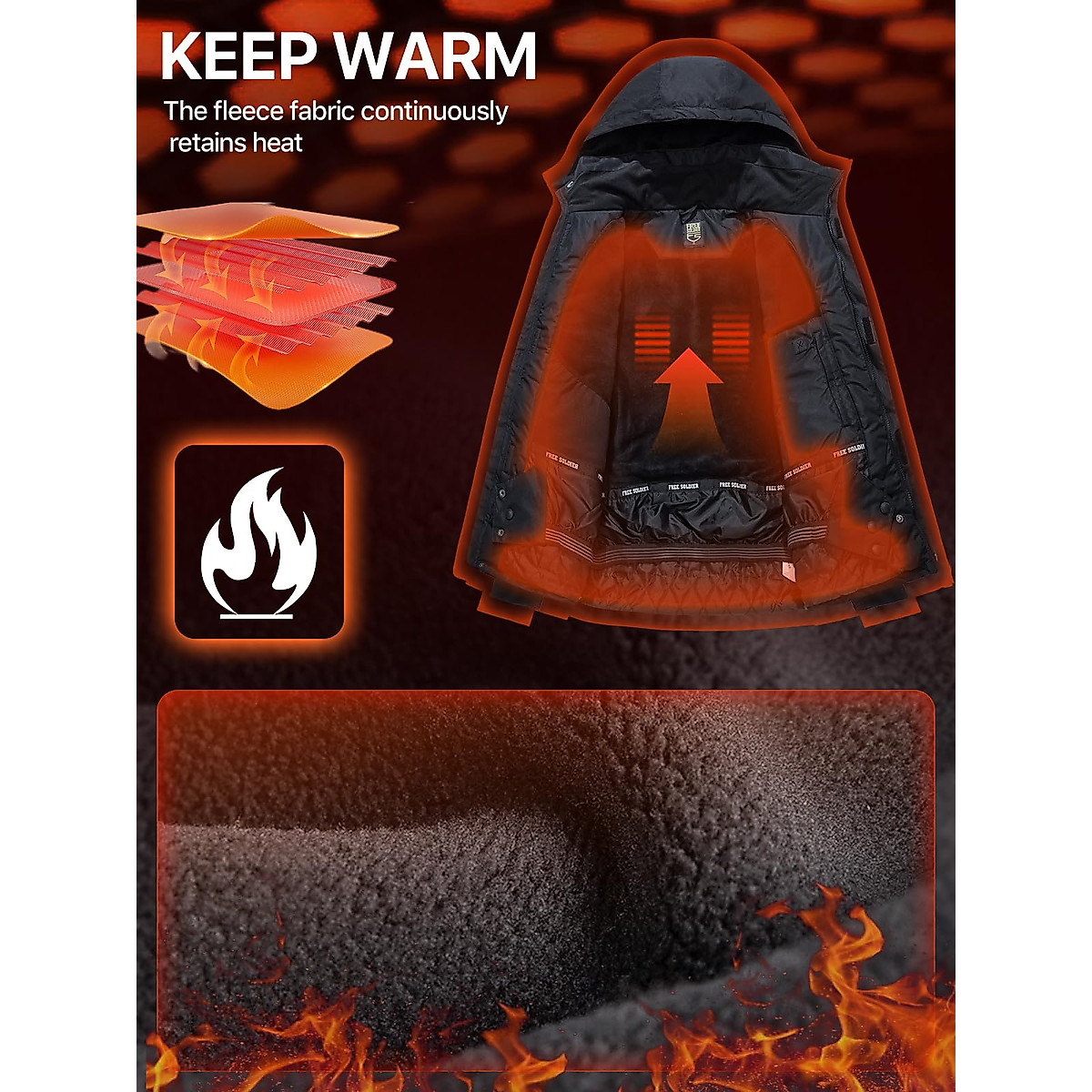 FREE SOLDIER Men's Waterproof Ski Jacket Fleece Lined Warm Winter Snow Coat with Hood Fully Taped Seams(Black,XXL)