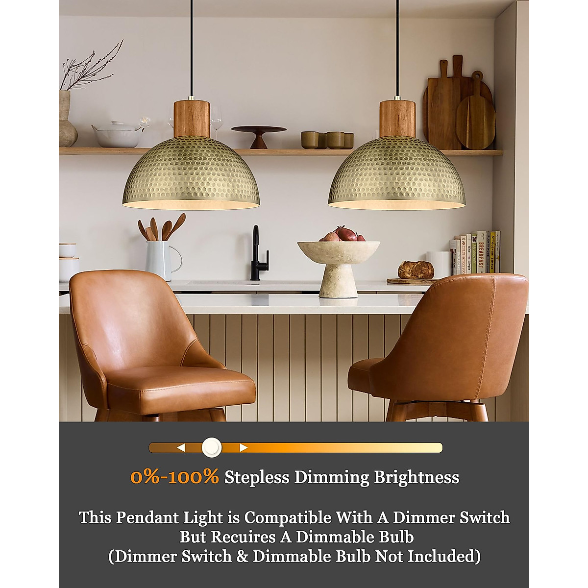 ELYONA 2 Pack Rubber Wood Hanging Lamp with Hammered Metal Shade & Rubber Wood Tripod Floor Lamp for Kitchen Island, Bar, Farmhouse Dining Room, Bedroom, Living Room