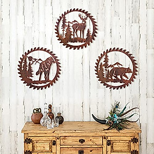 WAIU Metal Cabin Wall Art Decor Deer Bear Wolf in the Forest Pine Tree, 9 Inch Set of 3 Rustic Bronze Concise Saw Blade Decoration Hanging for Living Room Bedroom Bathroom Indoor Outdoor, Lodge