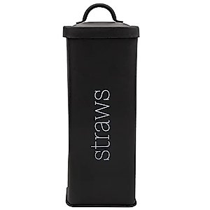 AuldHome Farmhouse Enamelware Straw Holder (Black); Retro Metal Straw Storage Canister