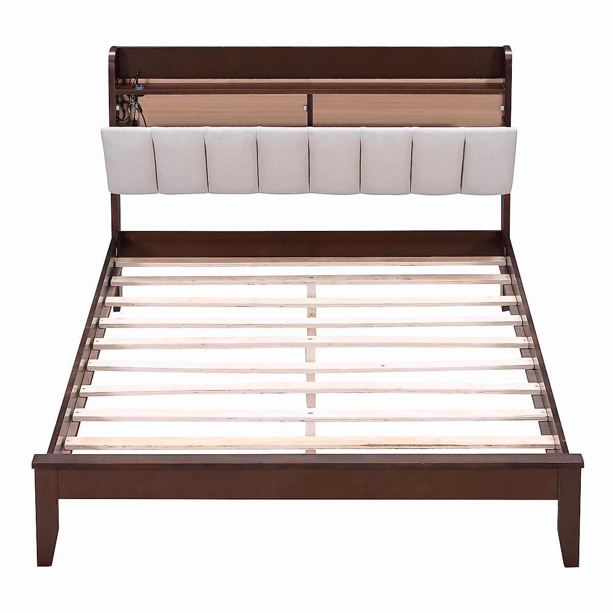 HZXINKEDZSW Full Size Platform Bed with USB Charging Station and Storage Upholstered Headboard,Wooden Bed Frame with LED Lights for Kids Teens Adults,No Box Spring Needed (Walnut+Beige, Full)