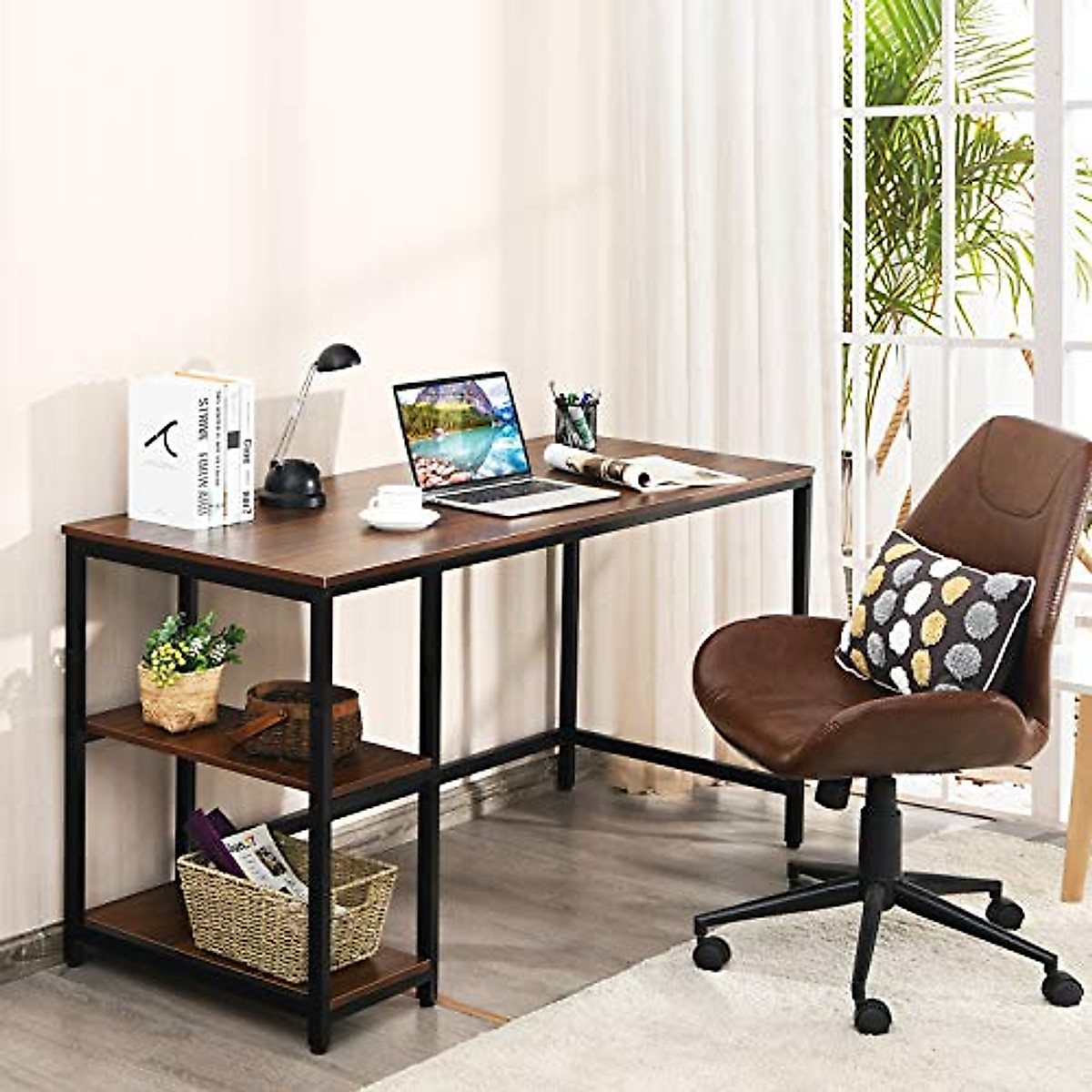 Tangkula Home Office Computer Desk with 2 Storage Shelves, Industrial Study Writing Desk Workstation Laptop Table with Sturdy Metal Frame (Coffee)