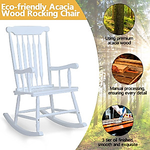 PHI VILLA Outdoor Wood Rocking Chair, Oversized Acacia Wood Slat Back Rocker Chairs for Patio, Deck, Balcony, Porch and Indoor, 30° Safe Recline Support 350 lbs - White