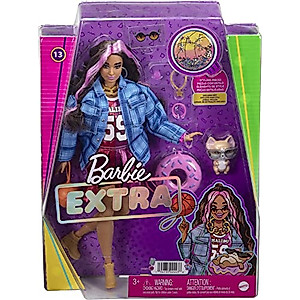 Barbie Extra Doll and Accessories with Pink-Streaked Crimped Hair in Jersey Dress with Pet Corgi