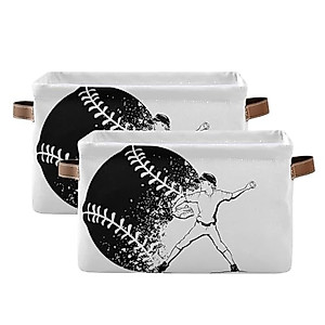 Sletend Baseball Sport Rectangular Storage Bin Foldable Sturdy Organizer Basket with Leather Handles for Organizing Home Office Nursery-1Pack