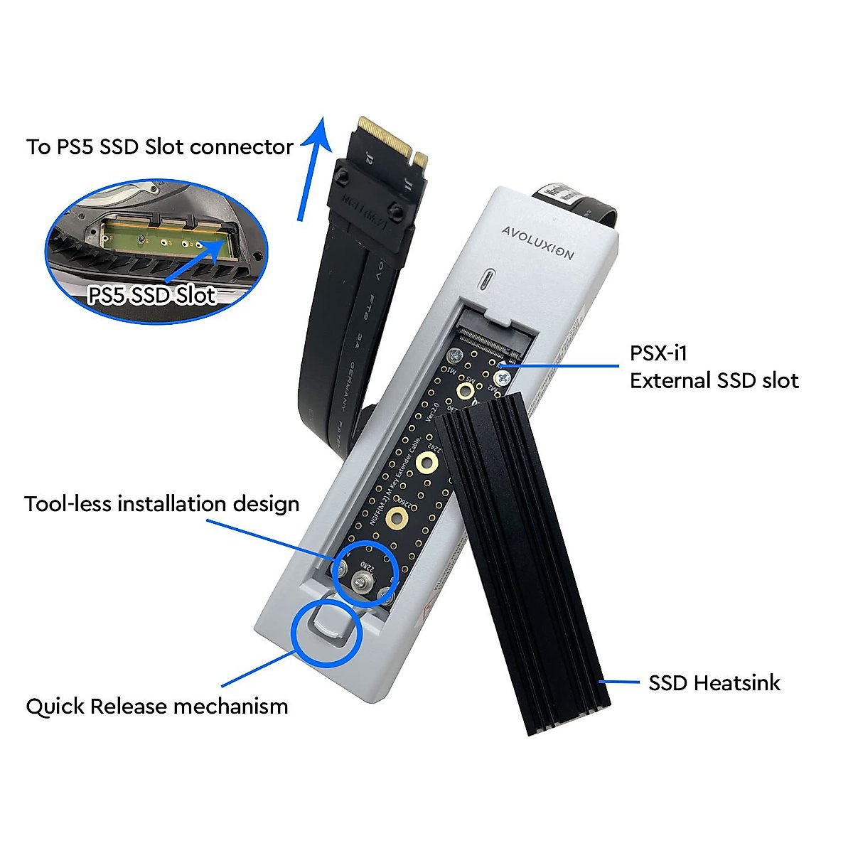 Avoluxion External SSD Expansion Upgrade Kit w/SSD Heatsink for PS5 Game Console (PSX-i1) - Turn Your PS5 Internal SSD Slot to External SSD Expansion Kit - 2 Years Warranty
